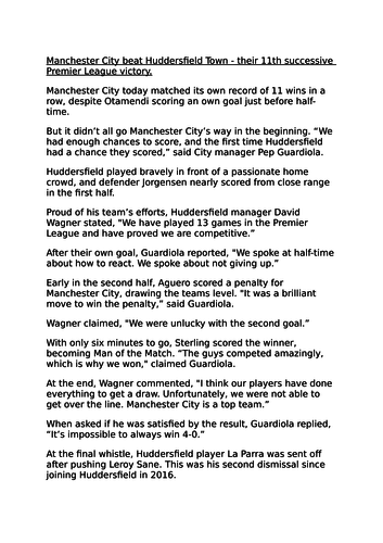 Football match report with differentiated reading activity - speech ...