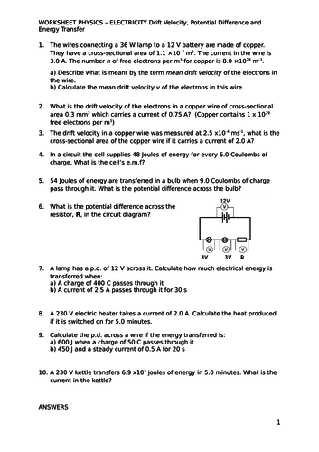 PHYSICS WORKSHEET - Drift velocity, potential difference and energy transfer | Teaching Resources