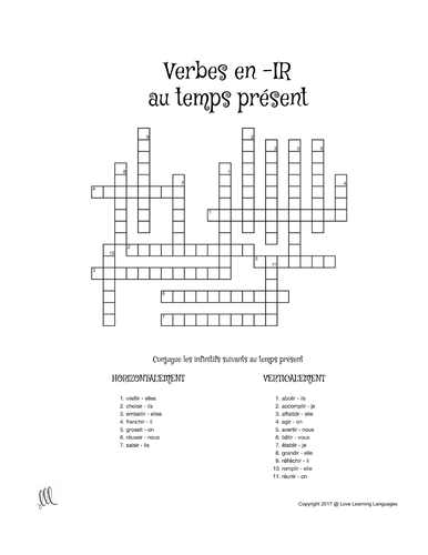 French -IR verbs crossword puzzle - regular -IR verbs - present tense ...
