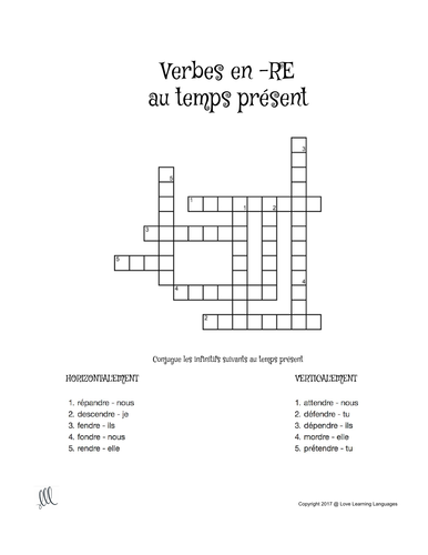 French -RE verbs crossword puzzle - regular -RE verbs - present tense ...