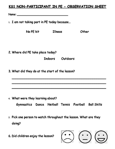 Non-participation sheets for PE | Teaching Resources