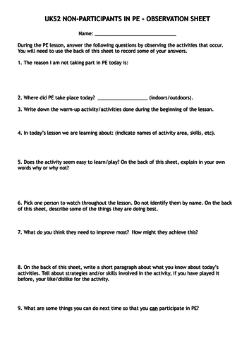 Non-participation sheets for PE | Teaching Resources
