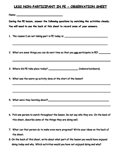 Non-participation sheets for PE | Teaching Resources