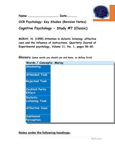 OCR A-Level Psychology: Core Study #7 Moray (1959), Auditory Attention ...