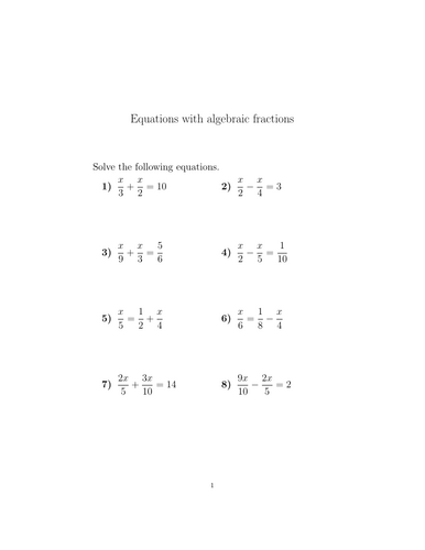 Equations with algebraic fractions worksheet (with solutions ...