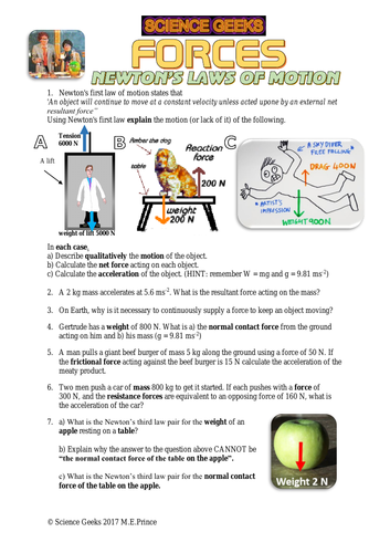 A LEVEL PHYSICS - FORCES - NEWTON'S LAWS OF MOTION WORKSHEET | Teaching ...