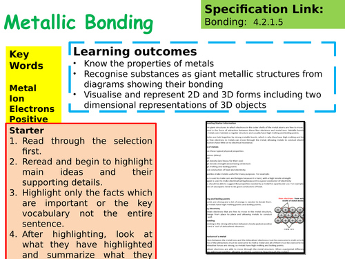 KS4 AQA GCSE Chemistry (Science) Metallic Bonding Lesson | Teaching ...