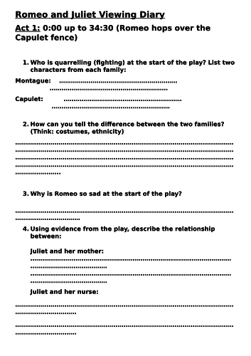 Romeo and Juliet Viewing Diary | Teaching Resources