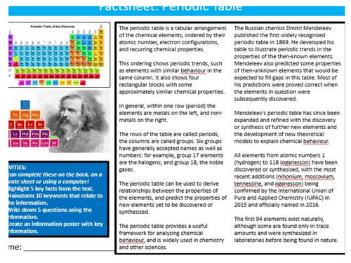The Periodic Table Factsheet Worksheet Science Starter Keywords ...