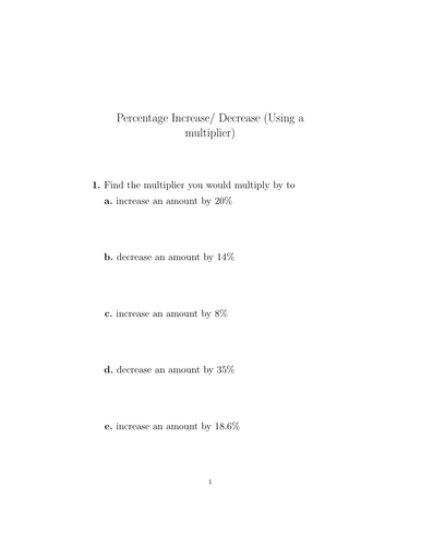 Percentage Increase/Decrease (Using a multiplier) worksheet (with solutions) | Teaching Resources