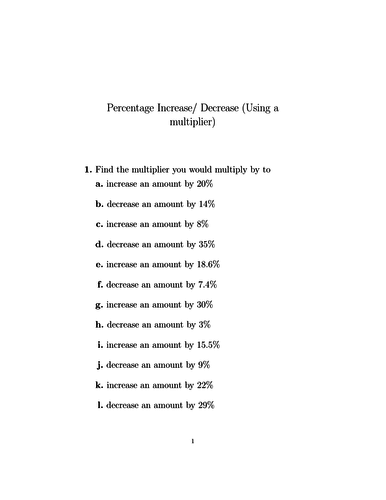 Percentage Increase Decrease (Using a multiplier) worksheet (with ...
