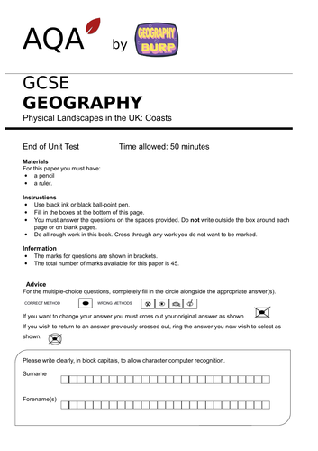 AQA GCSE Geography (9-1) - Practice Exam Paper - Coasts - Coastal ...