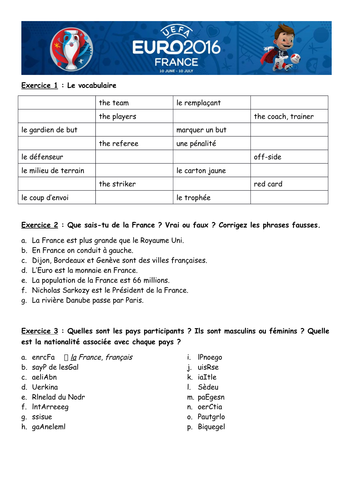 Euro 2016 Football Worksheet French | Teaching Resources