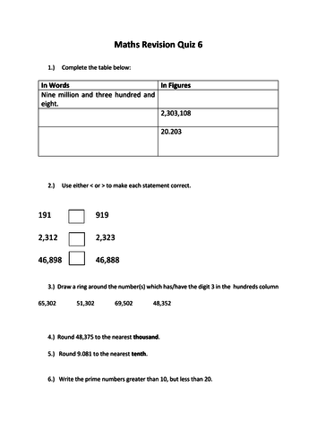 Maths Revision Quizzes Year 6 Cambridge International Curriculum ...