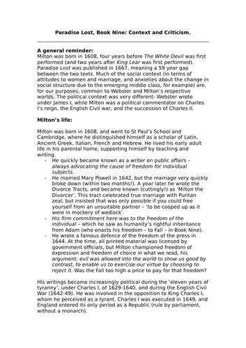 A level English - Paradise Lost Books 9-10 Full revision notes ...