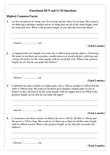 Properties of Integers - HCF and LCM Worksheets | Teaching Resources