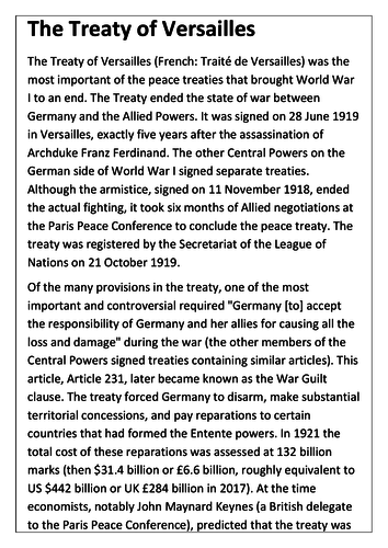 The Treaty of Versailles Handout | Teaching Resources