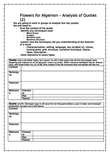 Flowers for Algernon - Daniel Keyes (Short Story) Unit of Work ...