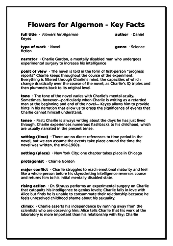 Flowers for Algernon - Daniel Keyes (Short Story) Unit of Work ...