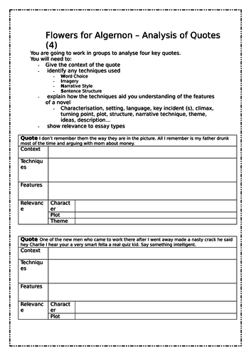 Flowers for Algernon - Daniel Keyes (Short Story) Unit of Work ...