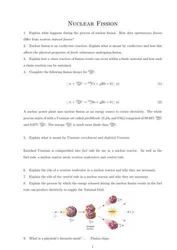 GCSE/ A-Level Nuclear Fission Worksheet (+ Solns) | Teaching Resources