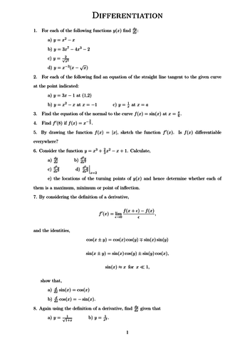 Differentiation A-Level Worksheet | Teaching Resources