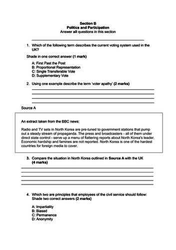 AQA 9-1 Citizenship : Politics and Participation mock exam/mark scheme ...
