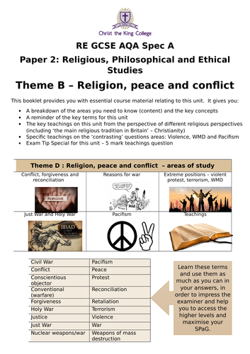 RE GCSE AQA Theme D Religion, Peace and Conflict - essential teachings ...