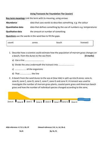 GCSE Ecology new spec for Foundation: transect worksheet | Teaching ...