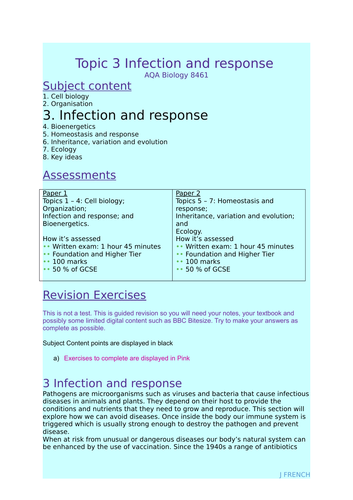 Revision booklet for AQA GCSE Biology 8461 Topic 3 - Infection and ...