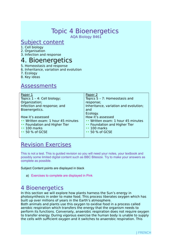 Revision Booklet For Aqa Gcse Biology 8461 Topic 4 Bioenergetics