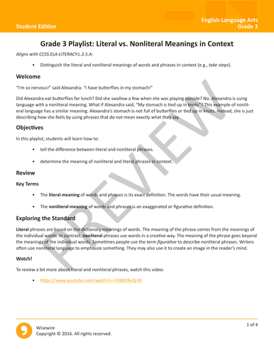 Literal vs. Nonliteral Language - Playlist and Teaching Notes ... Literal vs. Nonliteral Language - Playlist and Teaching Notes ...