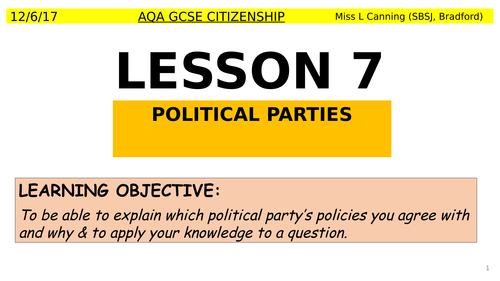 political parties research lesson-AQA GCSE Citizenship | Teaching Resources