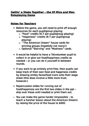 Of Mice and Men Role Playing Game | Teaching Resources