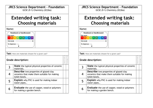 different self-assessment extended writing tasks for GCSE Combined ...