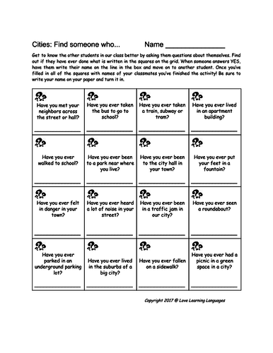 Cities and Towns: ESL - ELL Group Speaking Activity: Find someone who ...