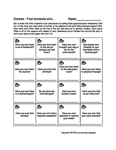 Doctors: ESL - ELL Group Speaking Activity: Find someone who ...