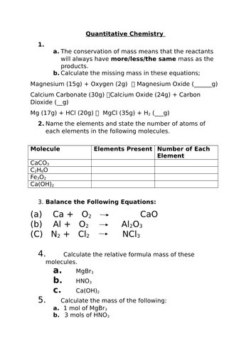 AQA Quantitative Chemistry Calulations Revision | Teaching Resources