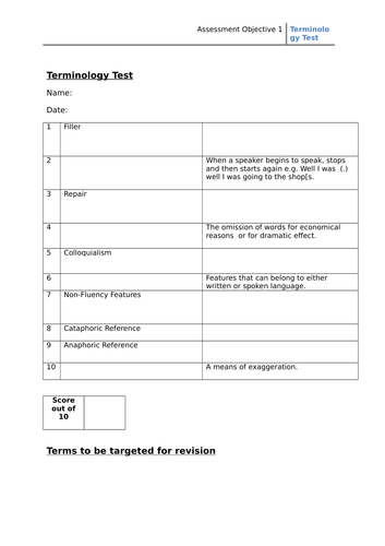 Terminology Tests - AO1 | Teaching Resources