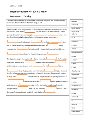 Harmony & Tonality Worksheets - Haydn Symphony No. 104 (Movements I ...