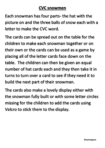 CVC snowmen activity -phonics- winter, snow | Teaching Resources