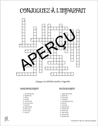 French imperfect tense crossword puzzles - mots croisés l'imparfait ...