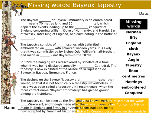 The Bayeux Tapestry Missing Words Cloze History KS3 Settler Starter ...