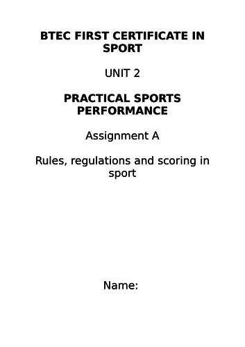 BTEC SPORT LEVEL 2 -UNIT 2 PRACTICAL SPORT Student Booklet AIM A,B & C ...