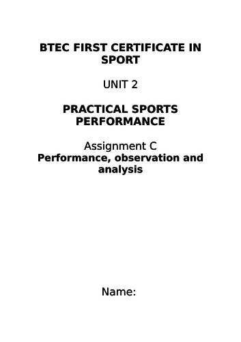 BTEC SPORT LEVEL 2 -UNIT 2 PRACTICAL SPORT Student Booklet AIM A,B & C ...