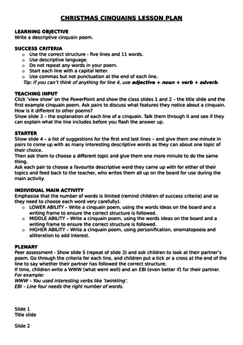 Christmas cinquains poetry lesson plan - Year 4, 5 and 6 literacy ...