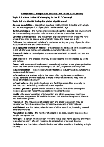 GCSE Geography OCR B 9-1- Key Word Glossary - Topic 7 - UK in the 21st ...