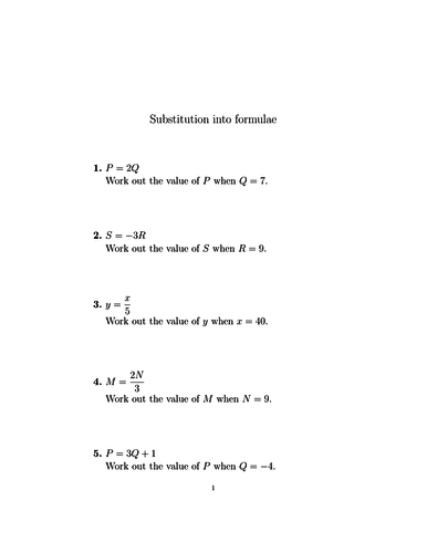 Substitution into formulae worksheet (with solutions) | Teaching Resources