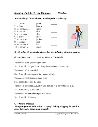 La Ropa / De compras - Spanish Worksheet on Clothing Shopping (Partner ...