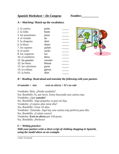 La Ropa / De compras - Spanish Worksheet on Clothing Shopping (Partner ...